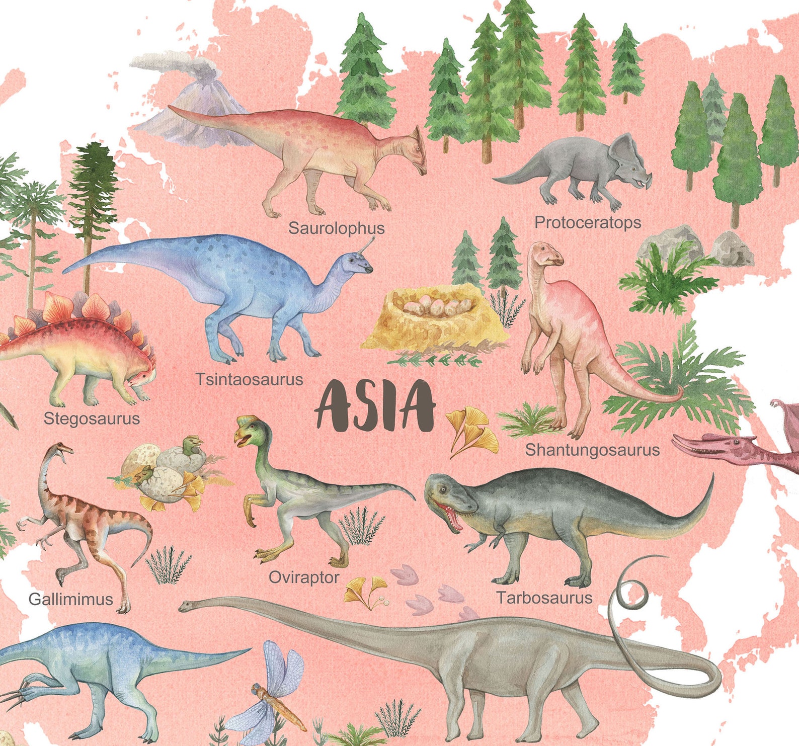 Dinosaur World Map Pink Dinosaur Wall Art Kids World Map | Etsy