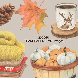 Watercolor Cozy Fall Clipart, Watercolor Autumn Clipart Pumpkins ...