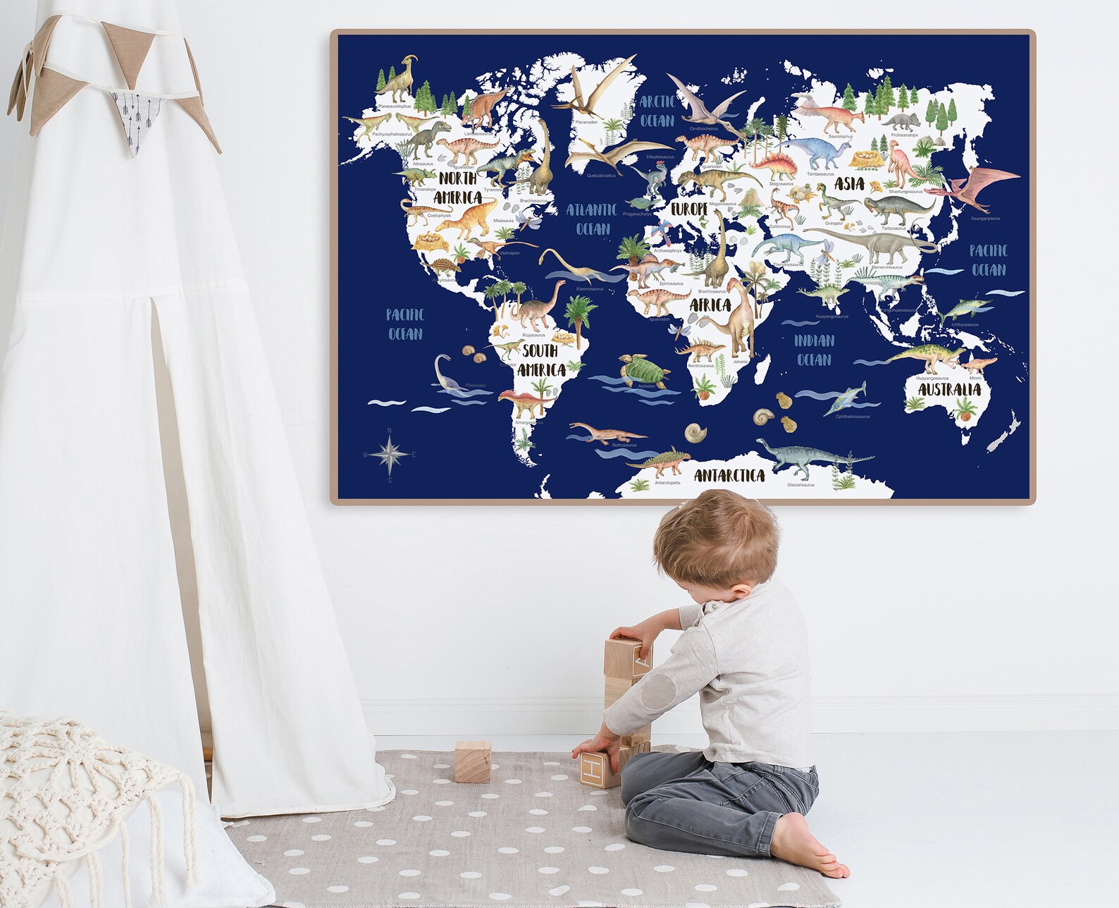 Dinosaur World Map Blue Dinosaur Wall Art Kids World Map - Etsy