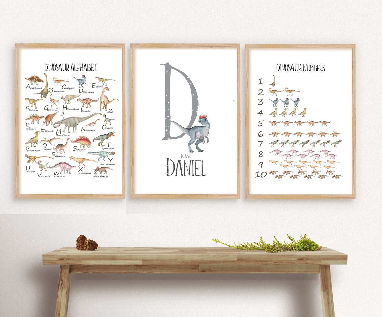 Set of 3, Personalized Dinosaur Art Alphabet Print, Number Poster ...