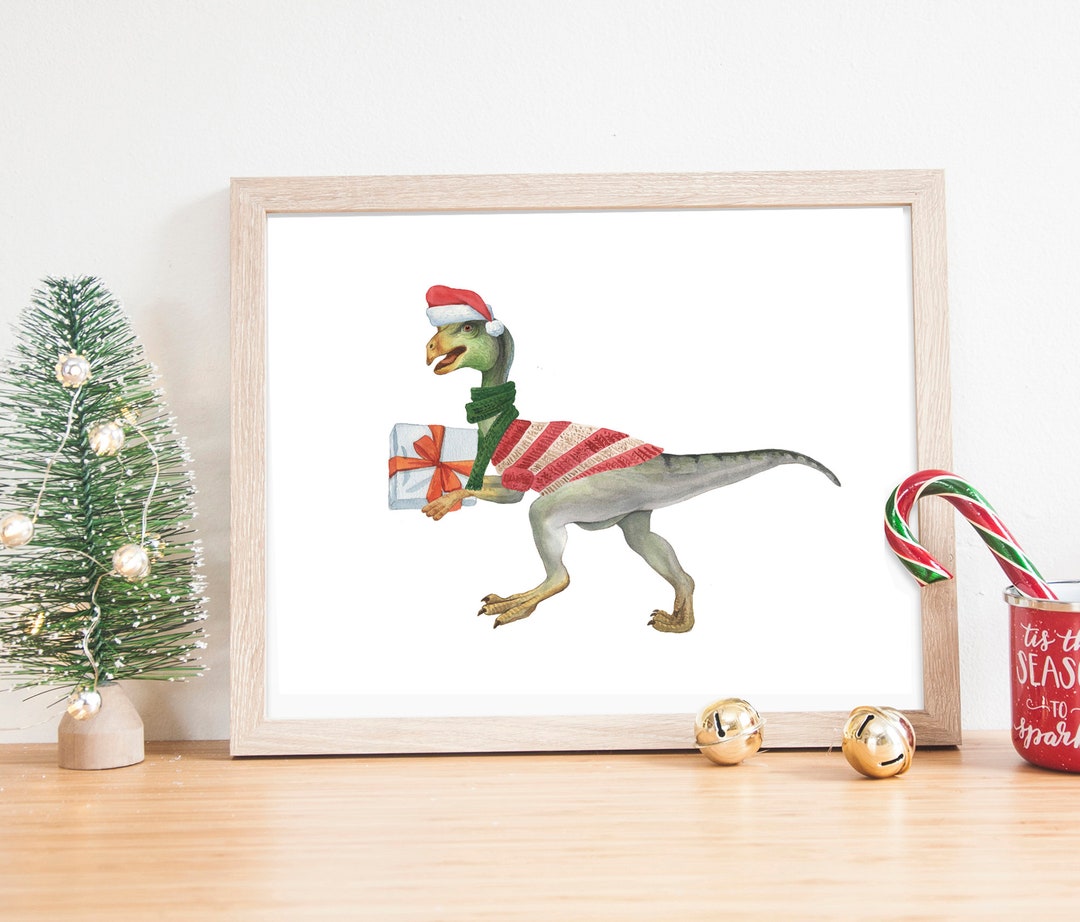 Dinosaure de Noël, Oviraptor Aquarelle Prints, Holiday Nursery Wall Art ...