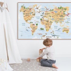 Dinosaur World Map, Dinosaur Wall Art, Kids World Map Print, Nursery ...