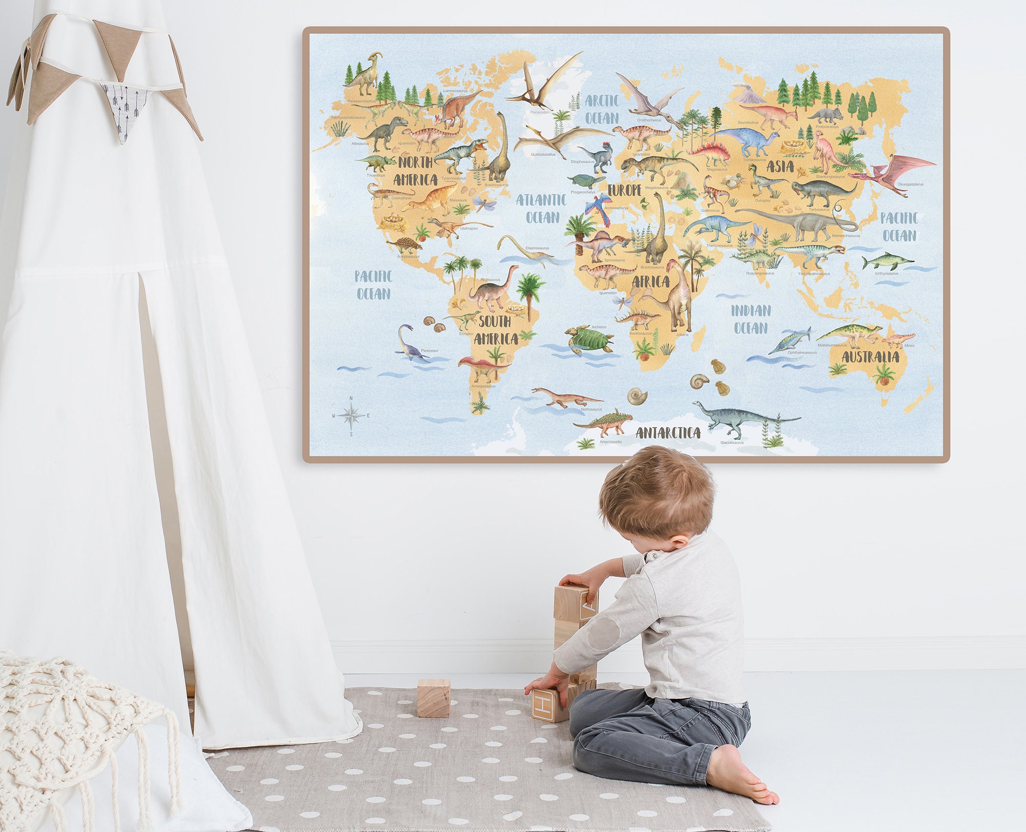 Dinosaur World Map Print: Watercolor Nursery Wall Art (digital Download ...