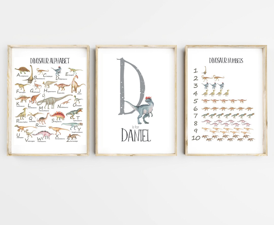 Set of 3, Personalized Dinosaur Art Alphabet Print, Number Poster ...