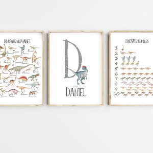 Set of 3, Personalized Dinosaur Art Alphabet Print, Number Poster ...
