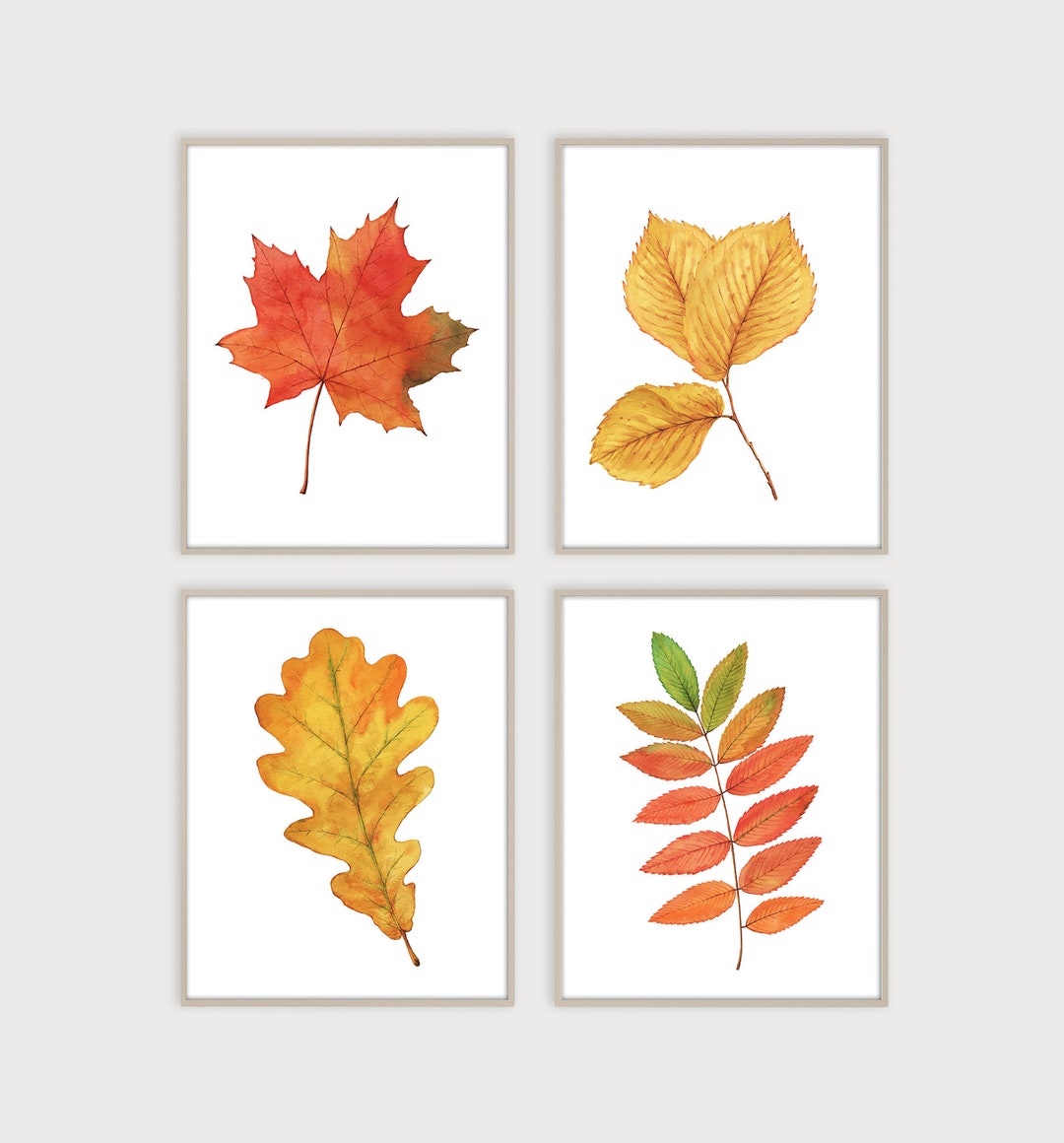 Fall Leaves Print Set of 4, Watercolor Printable Wall Art, Thanksgiving ...