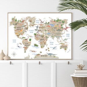 Dinosaur World Map Brown, Dinosaur Wall Art, Kids World Map Print ...