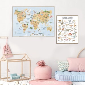 Dinosaur World Map, Dinosaur Wall Art, Kids World Map Print, Nursery ...