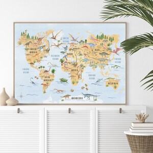 Dinosaur World Map, Dinosaur Wall Art, Kids World Map Print, Nursery ...