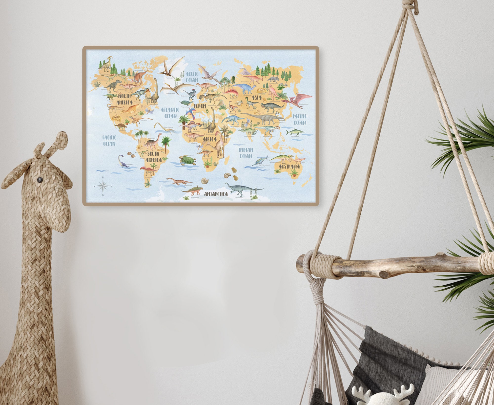 Dinosaur World Map Print: Watercolor Nursery Wall Art (digital Download ...
