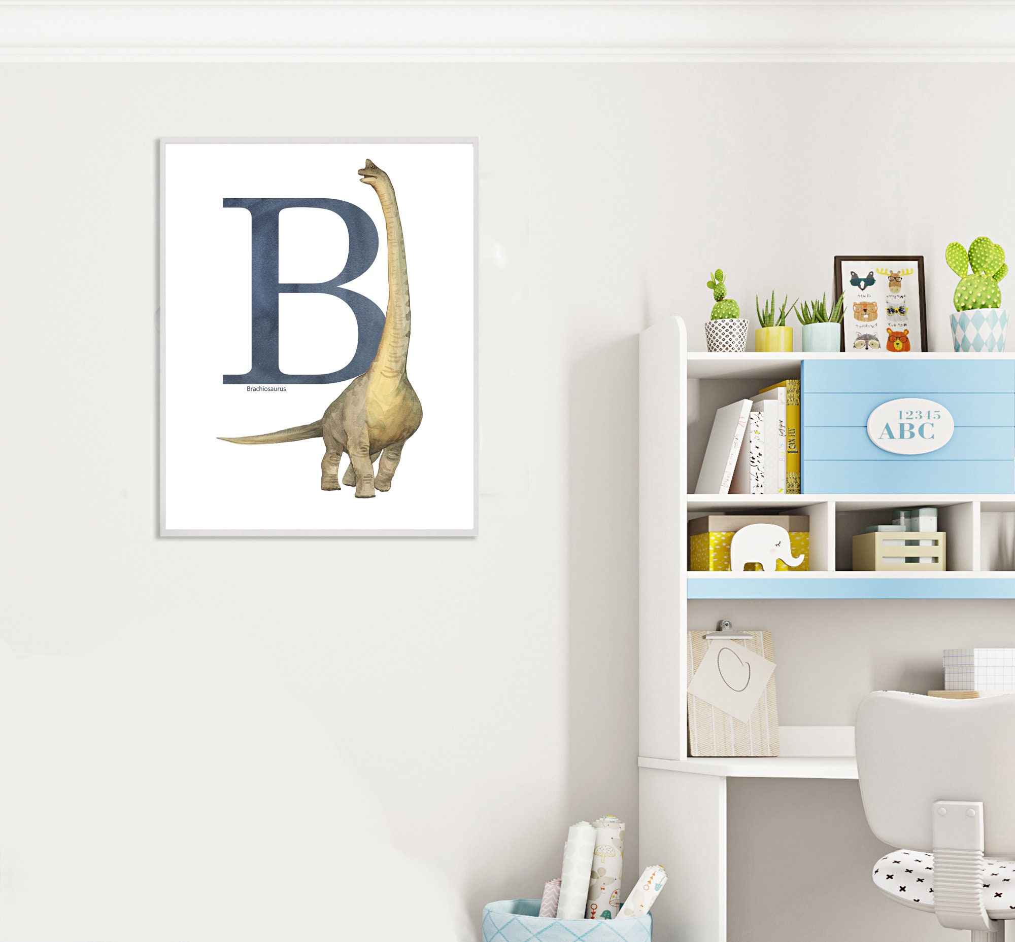 Letter B Brachiosaurus Dinosaur Watercolor Prints Nursery - Etsy