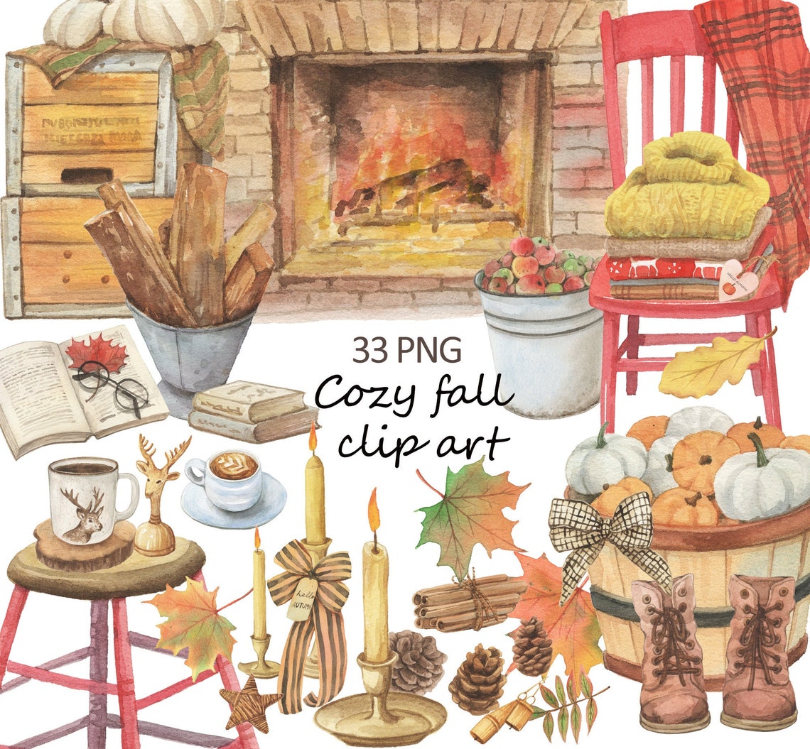 Watercolor Cozy Fall Clipart Watercolor Autumn Clipart - Etsy