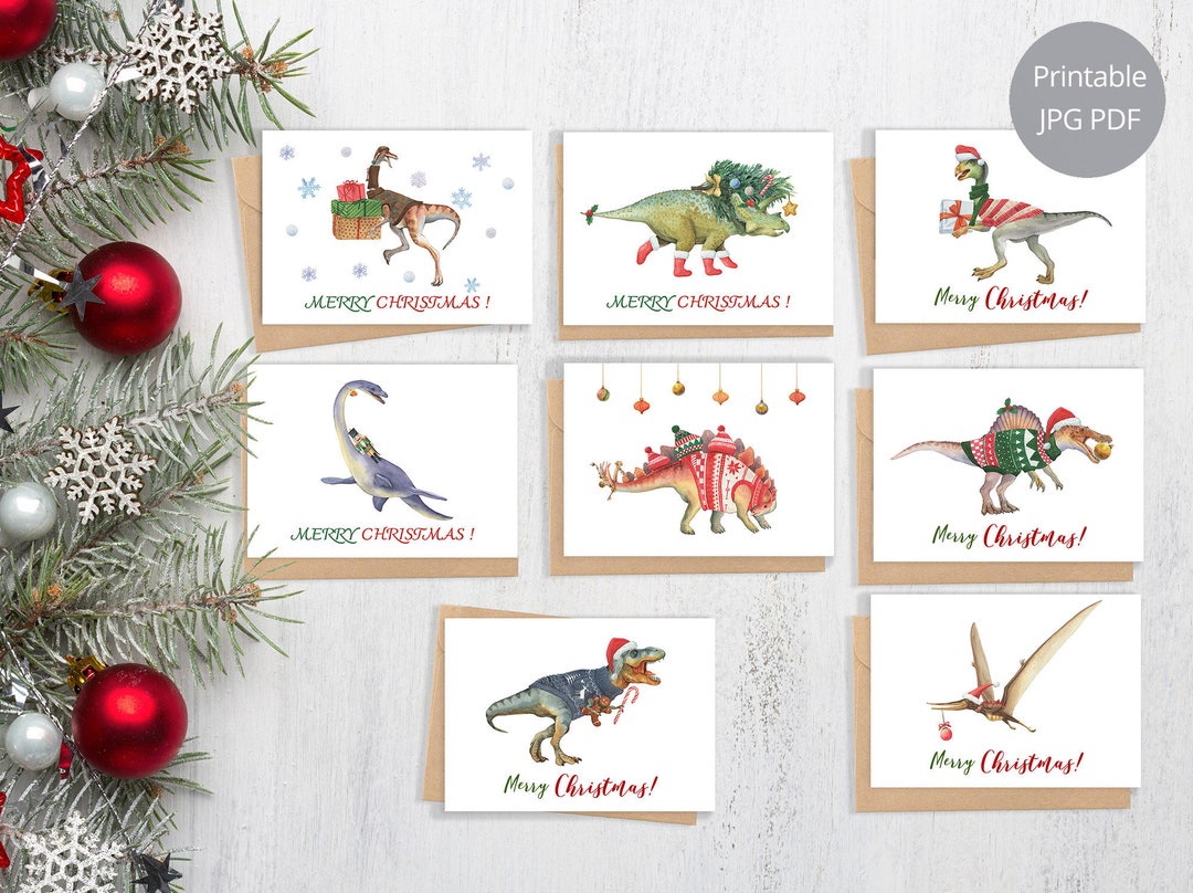 Set of 8 Dinosaur Christmas Cards, Dinosaur Holiday Card, Dinosaur ...