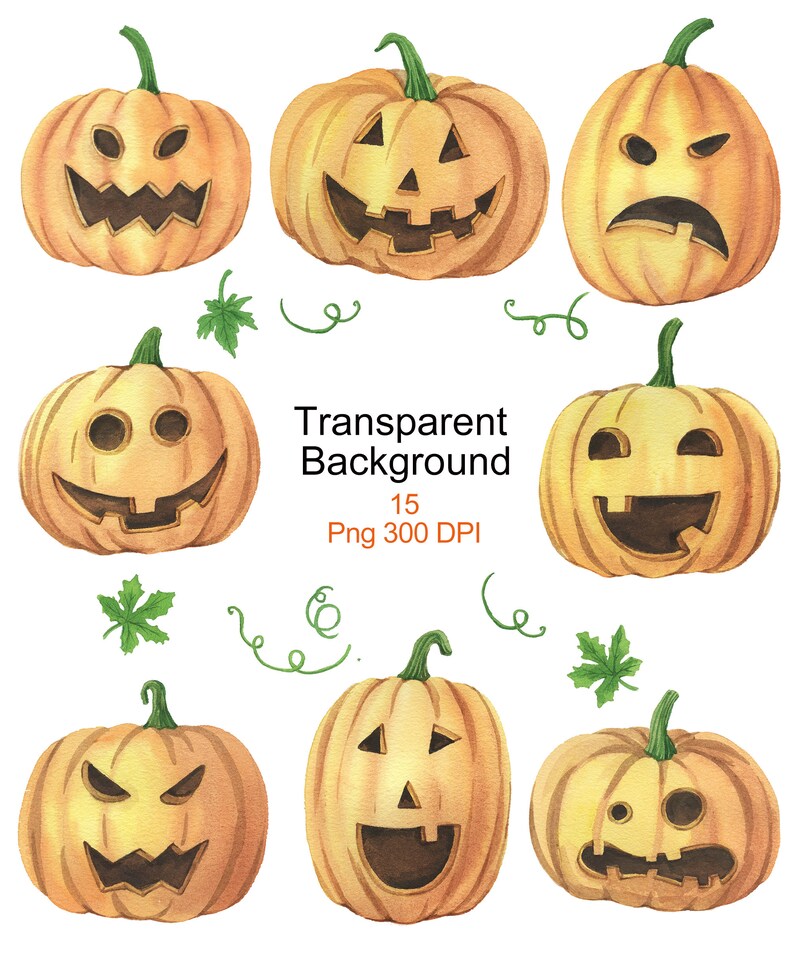 15 PNG Jack-o-lanterns Clipart Halloween Pumkin Watercolor - Etsy