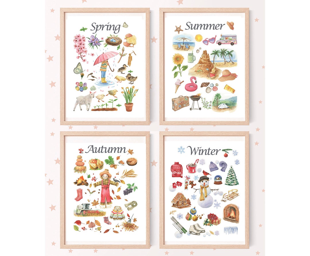 Four Seasons Print Set, Spring, Summer, Autumn, Winter Poster, Nursery ...