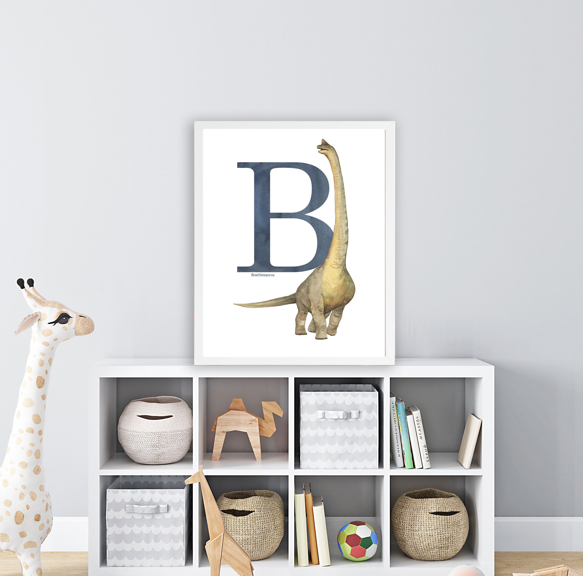 Letter B Brachiosaurus Dinosaur Watercolor Prints Nursery - Etsy