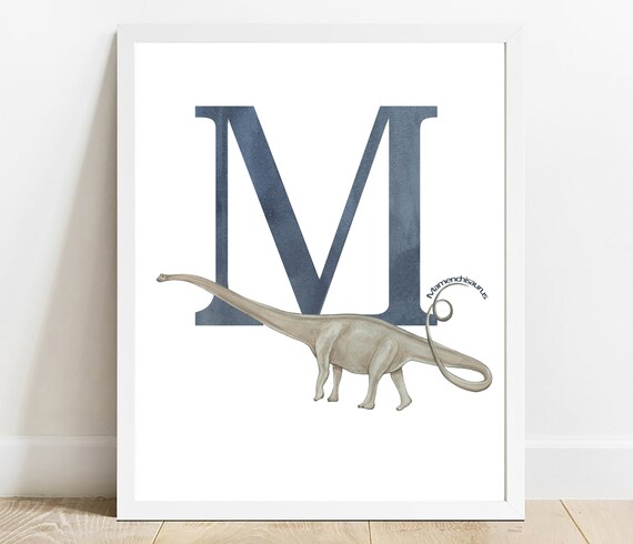 Letter M Mamenchisaurus Dinosaur Watercolor Prints Nursery | Etsy