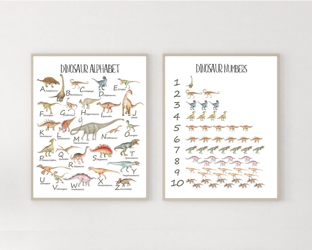 Dinosaur Alphabet & Numbers Poster Set: Watercolor Nursery Decor ...