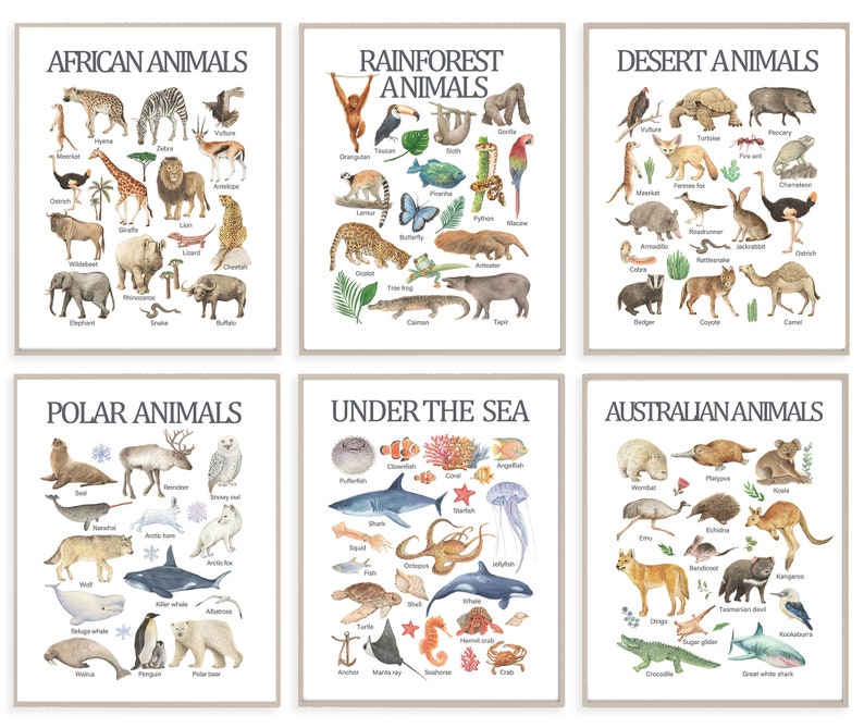 Animals set 6 Educational Printable Wall Art Learning Home | Etsy