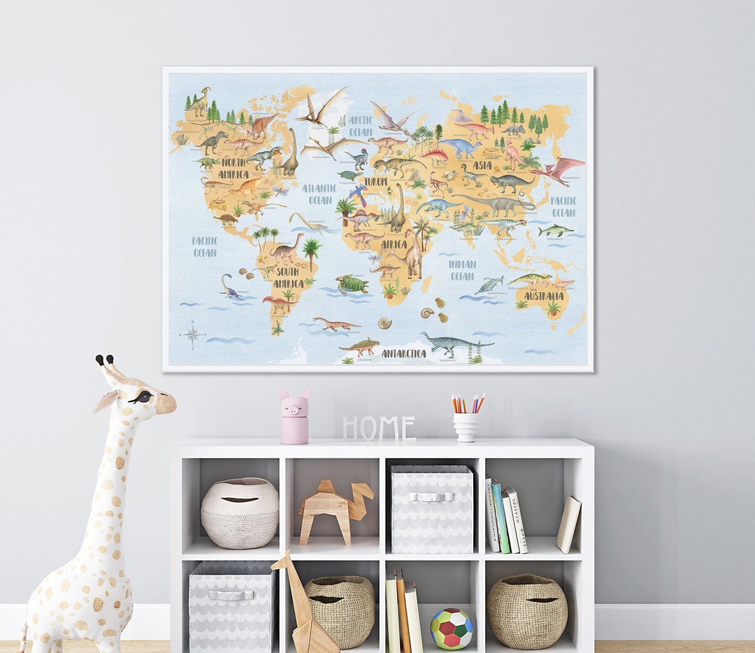 Dinosaur World Map, Dinosaur Wall Art, Kids World Map Print, Nursery ...