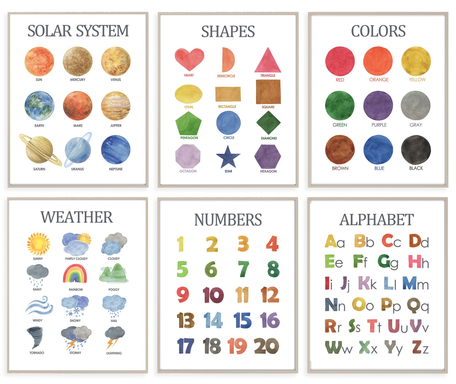 Educational Prints Set of 6, Colors, Alphabet, Numbers,learning Home ...