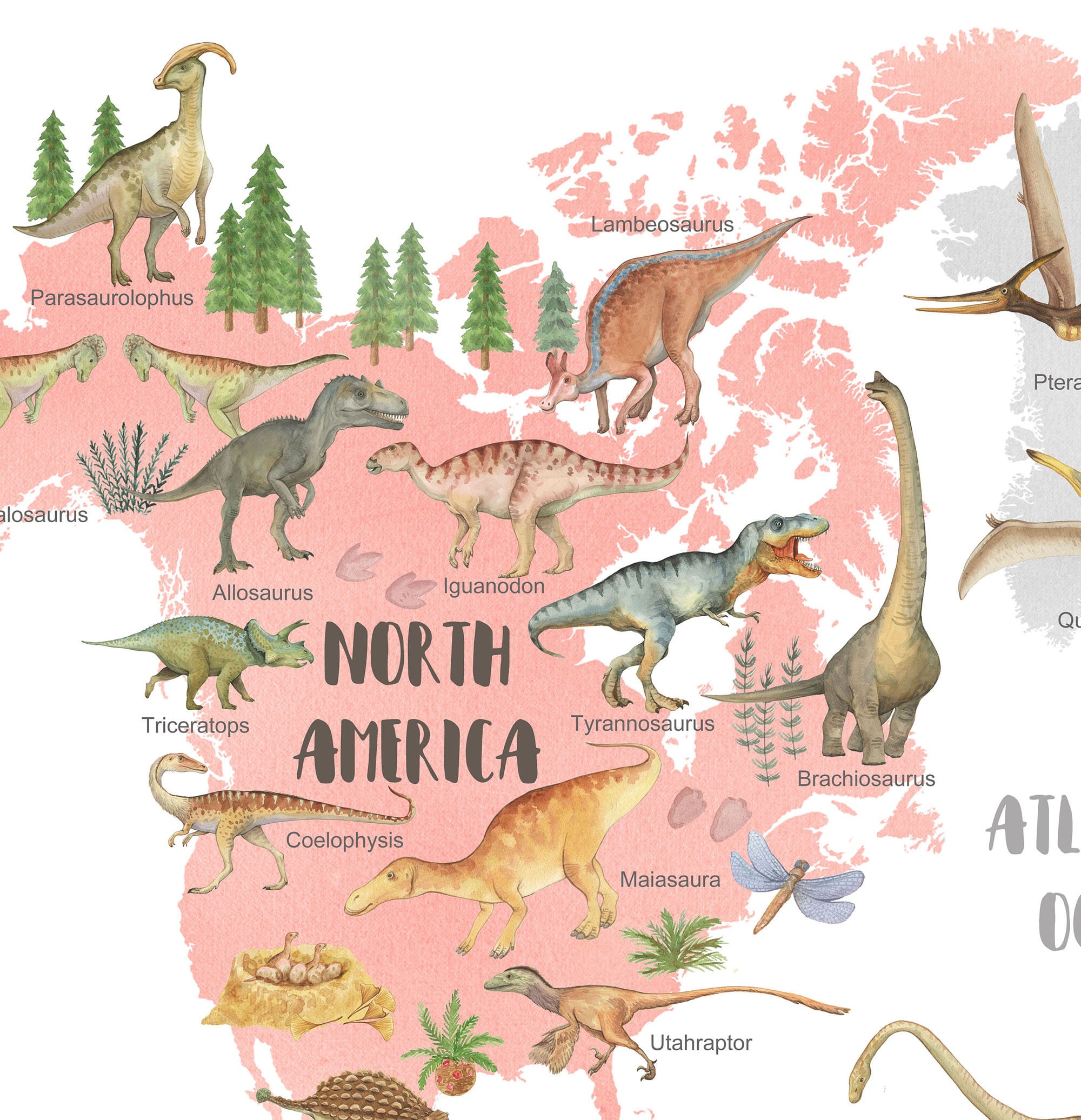 Dinosaur World Map Pink Dinosaur Wall Art Kids World Map | Etsy