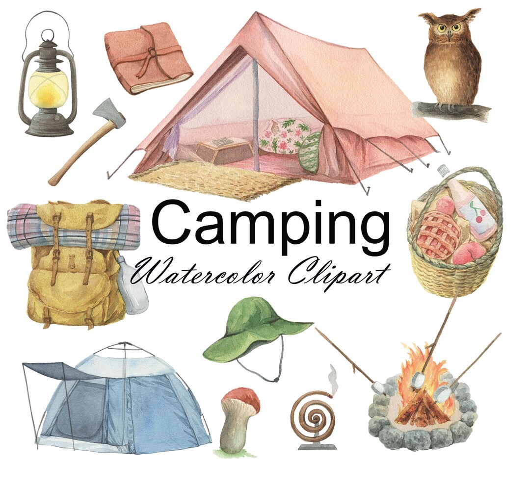 36 Camping Clipart, Camp Clip Art, Watercolor Camp Fire, Woods, Tent ...