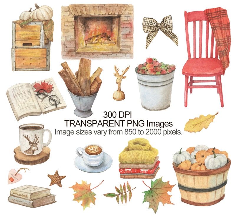 Watercolor Cozy Fall Clipart Watercolor Autumn Clipart - Etsy