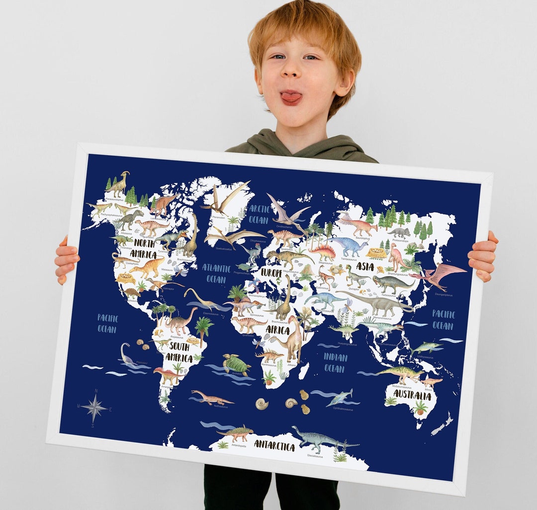 Dinosaur World Map Blue, Dinosaur Wall Art, Kids World Map Print ...