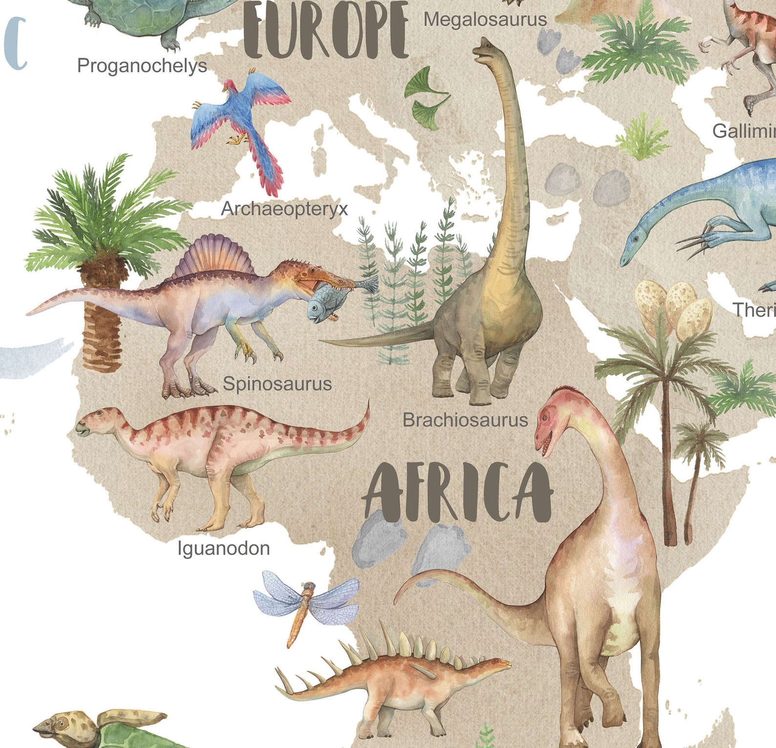 Envío 36X24 pulgadas dinosaurio mapa del mundo marrón arte | Etsy