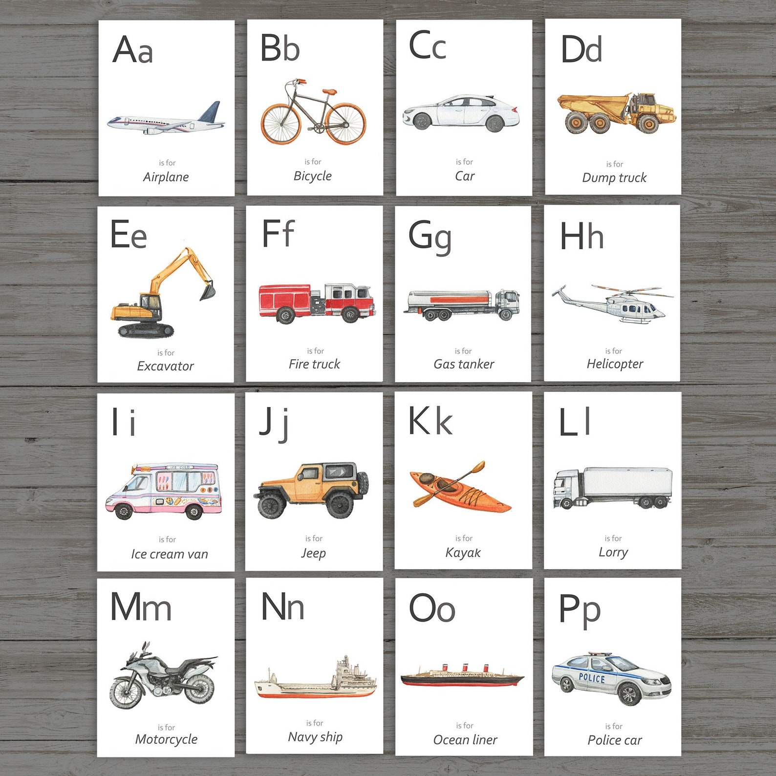 Vehicle Flash Cards Printable ABC Cards Alphabet Cards - Etsy