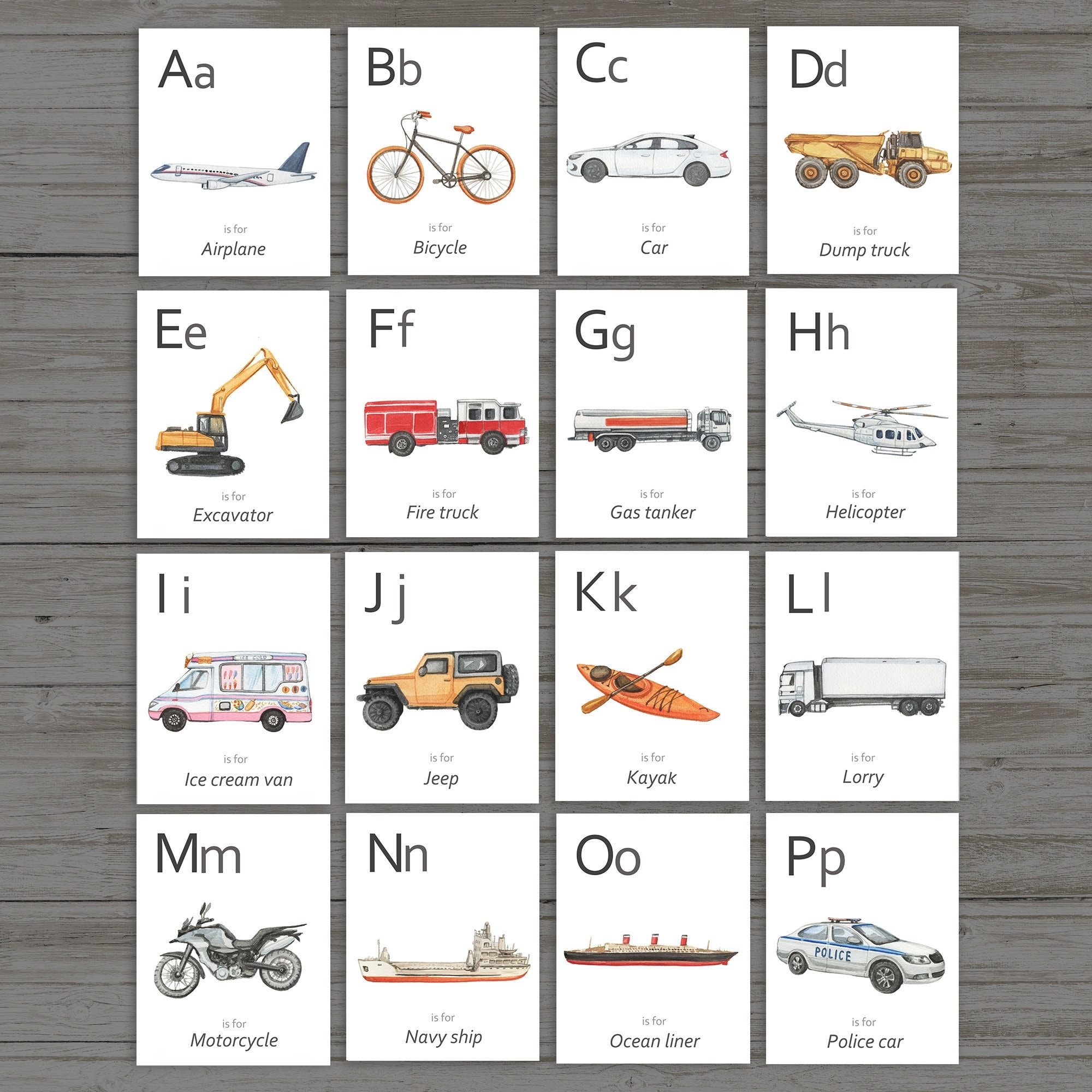 Vehicle Flash Cards Printable ABC Cards Alphabet Cards - Etsy Canada