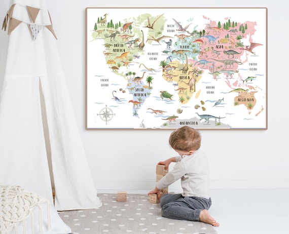 Dinosaur World Map Dinosaur Wall Art Kids World Map Print | Etsy