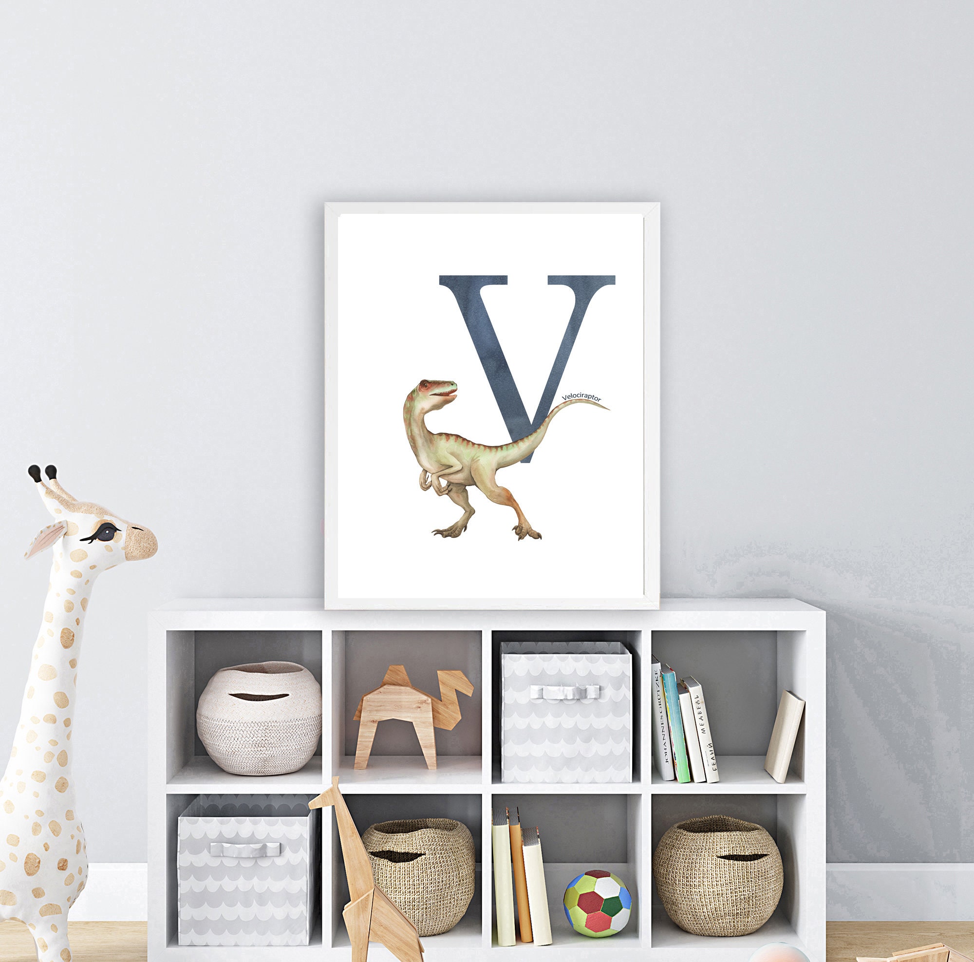 Letter V Velociraptor Dinosaur Watercolor Prints Nursery - Etsy
