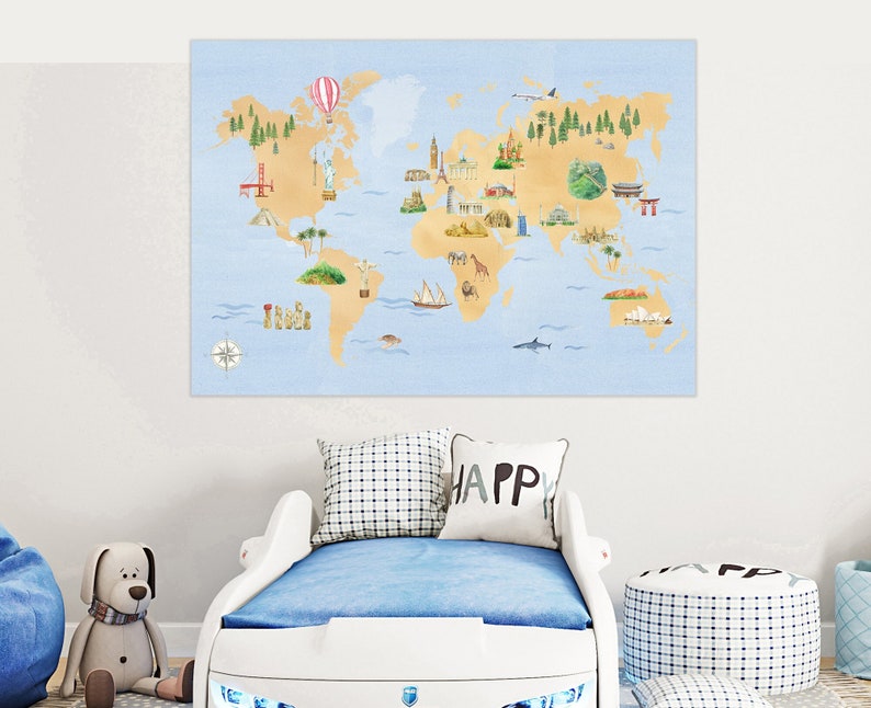 Landmark World Map Landmarks Wall Art Kids World Map Print - Etsy