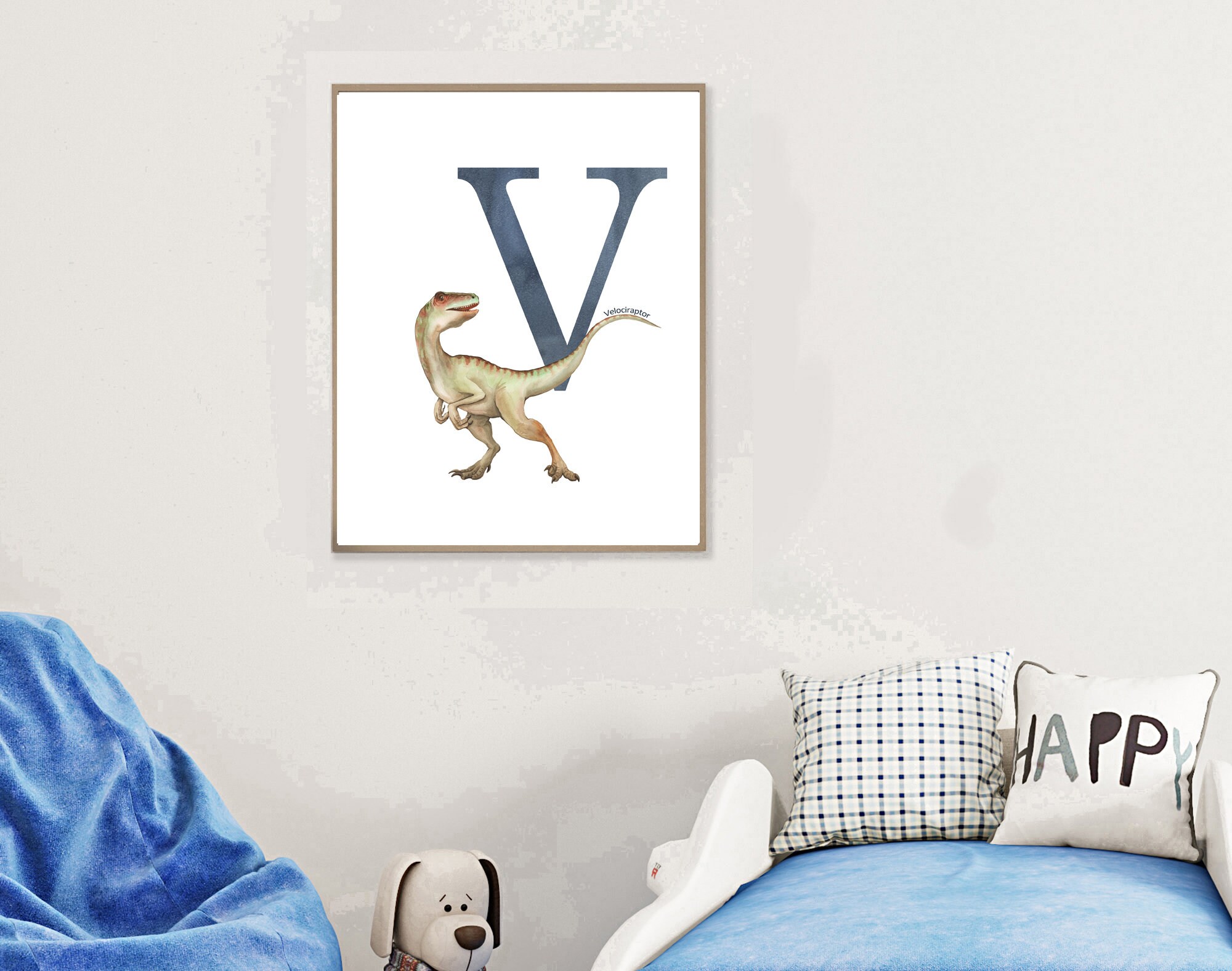 Letter V Velociraptor Dinosaur Watercolor Prints Nursery - Etsy