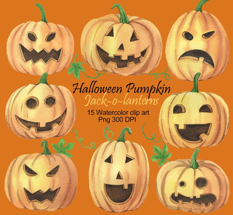 15 PNG Jack-o-lanterns Clipart Halloween Pumkin Watercolor - Etsy