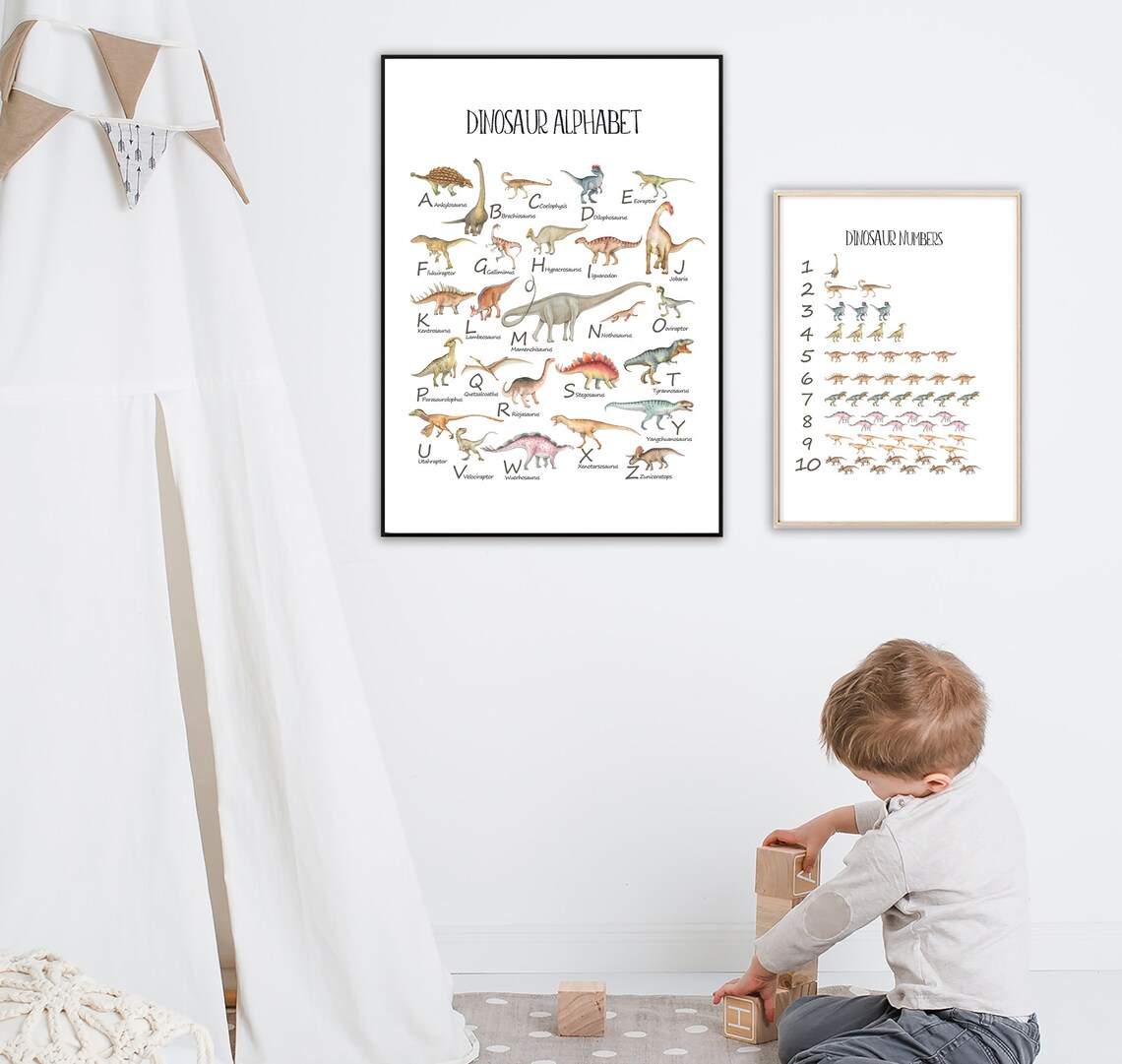 Set of 2 DinosaurAlphabet Number poster Kids Children | Etsy