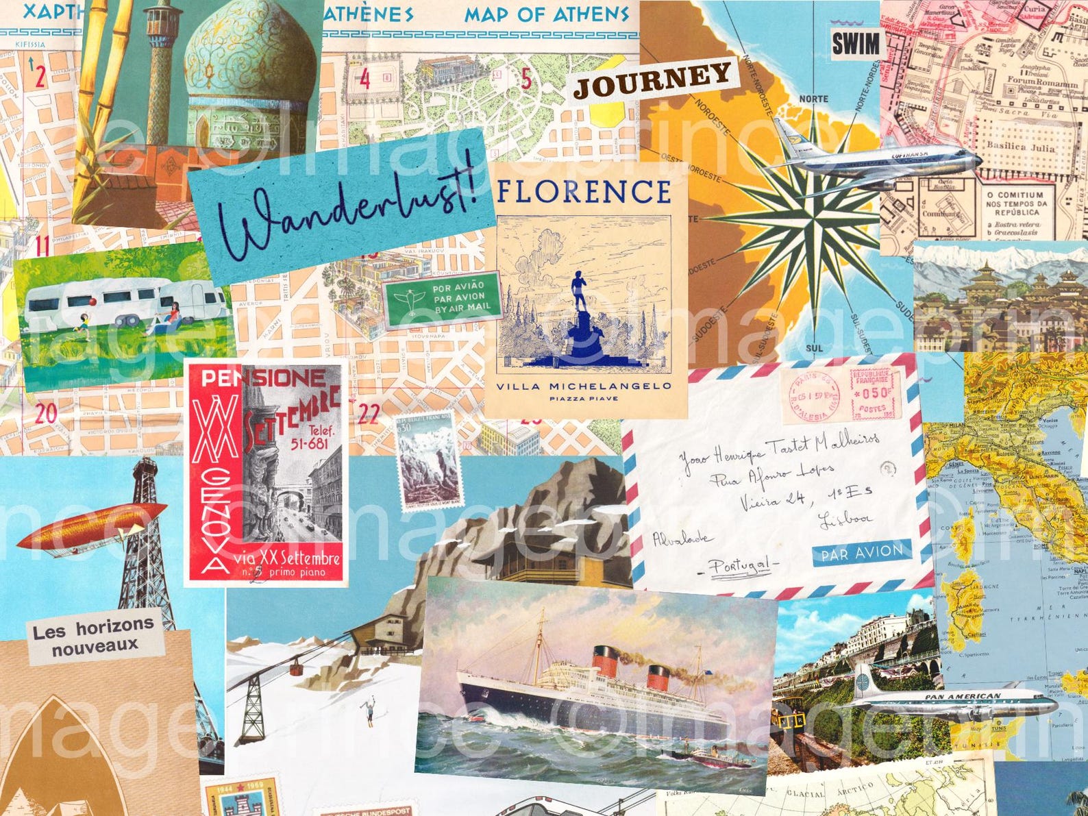 Travel Collage Kit, Digital Download, Travel Journal Supply, 77 Vintage ...