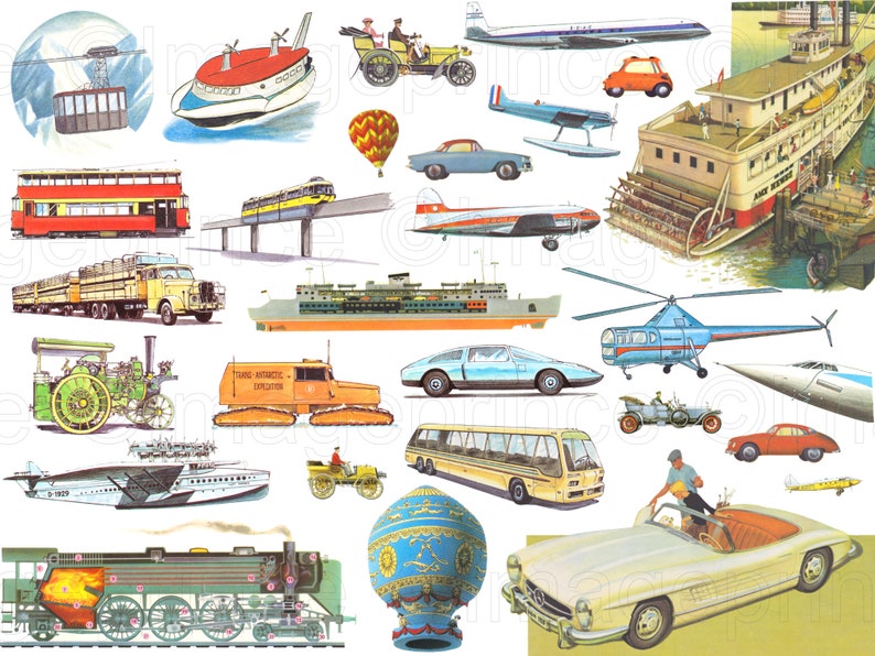 Vintage Clipart With Trains, Planes, Boats, Cars - Digital Ephemera for ...