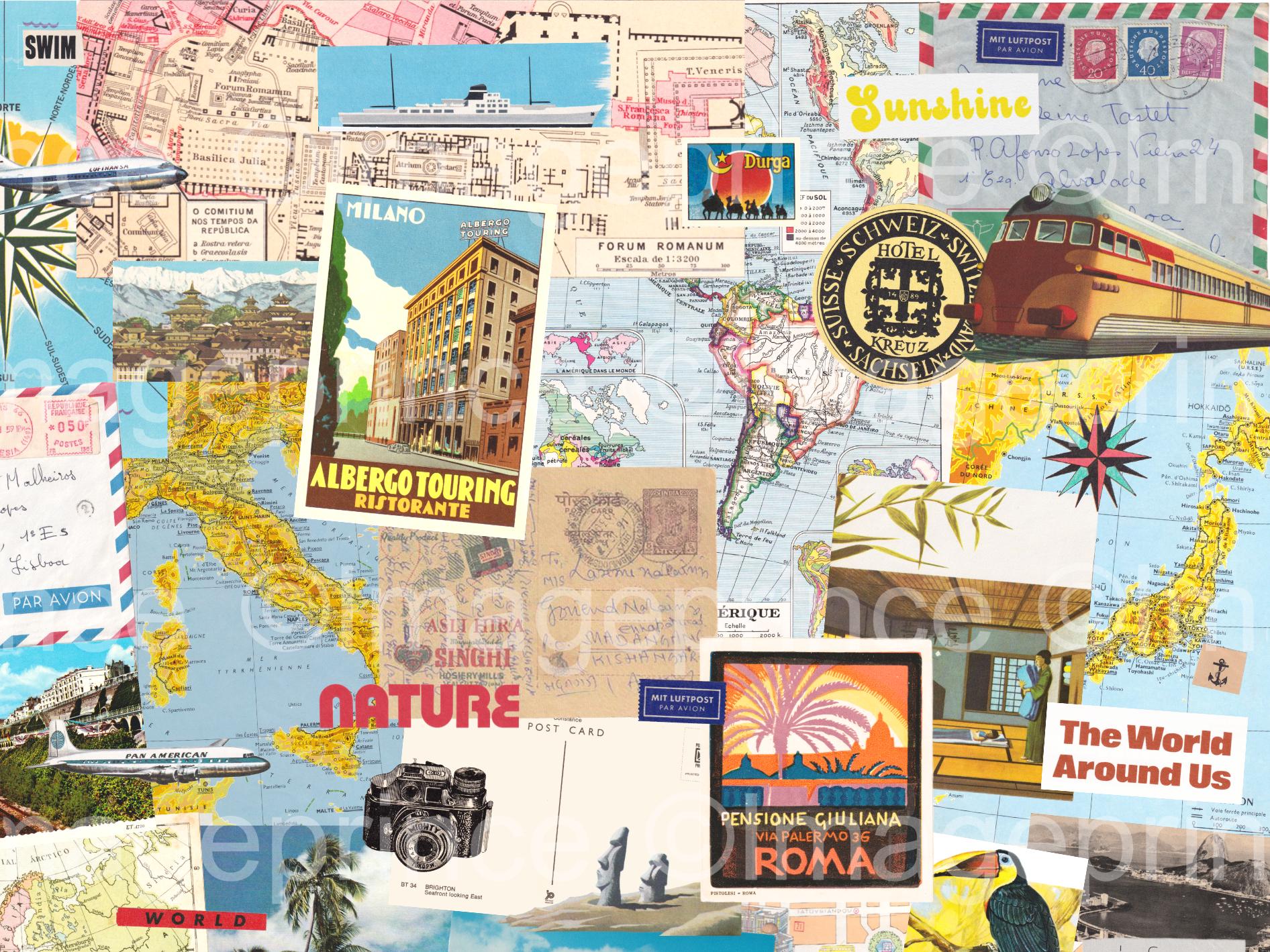 Travel Collage Kit, Digital Download, Travel Journal Supply, 77 Vintage ...