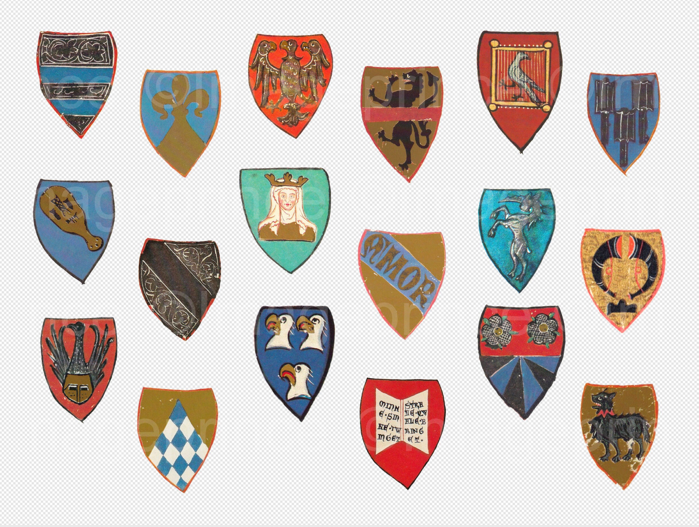 Medieval Clipart Shields, Heraldry, Coat of Arms, 18 Individual PNG ...