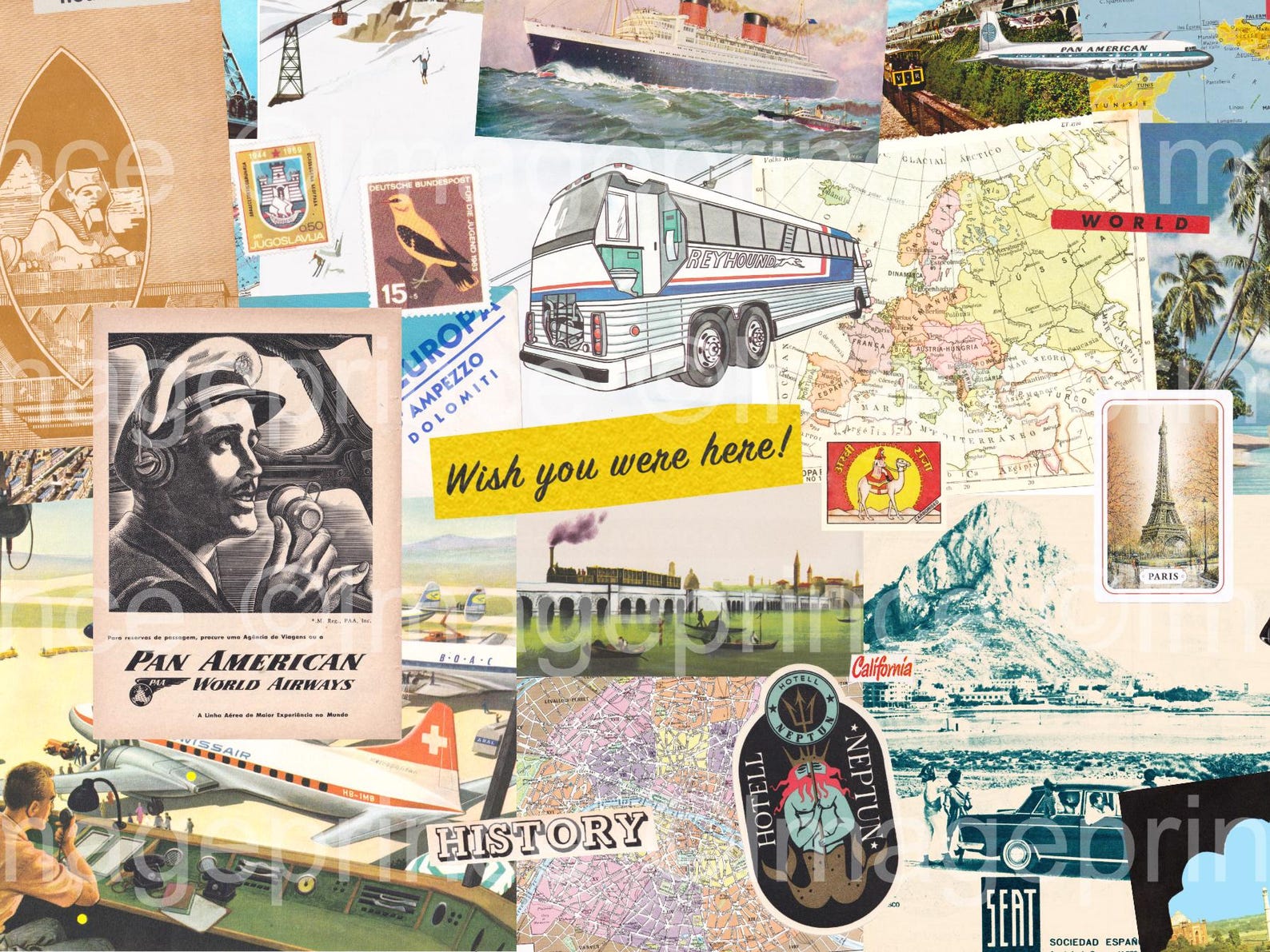 Travel Collage Kit, Digital Download, Travel Journal Supply, 77 Vintage ...