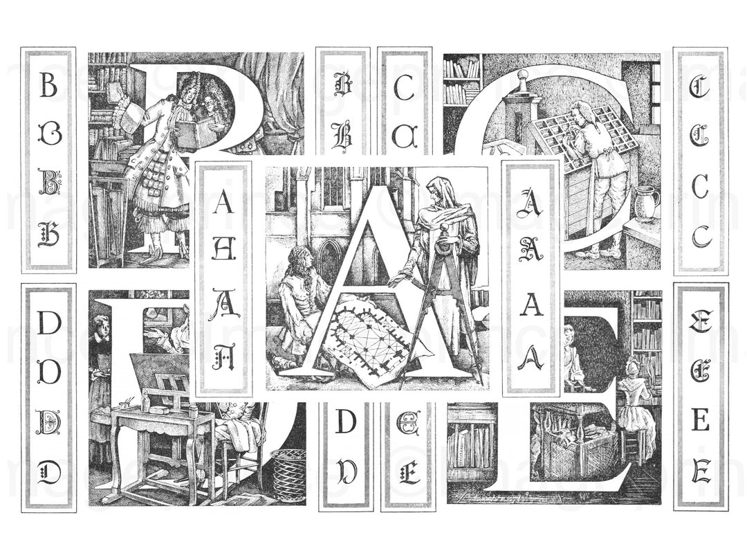 Antique Letters, Illustrated Alphabet, Black and White Illuminated ABC ...