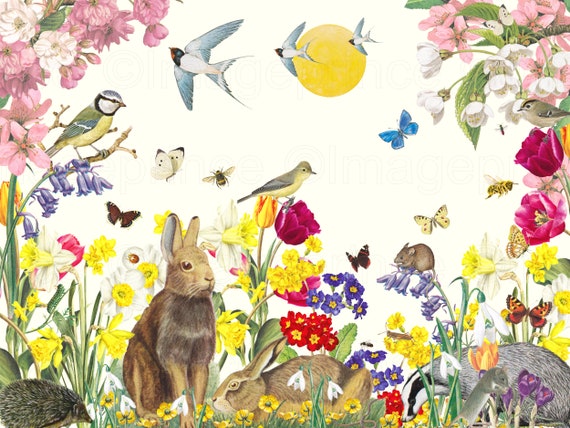 Spring Clipart With Blossom Flowers Birds and Animals 42 - Etsy