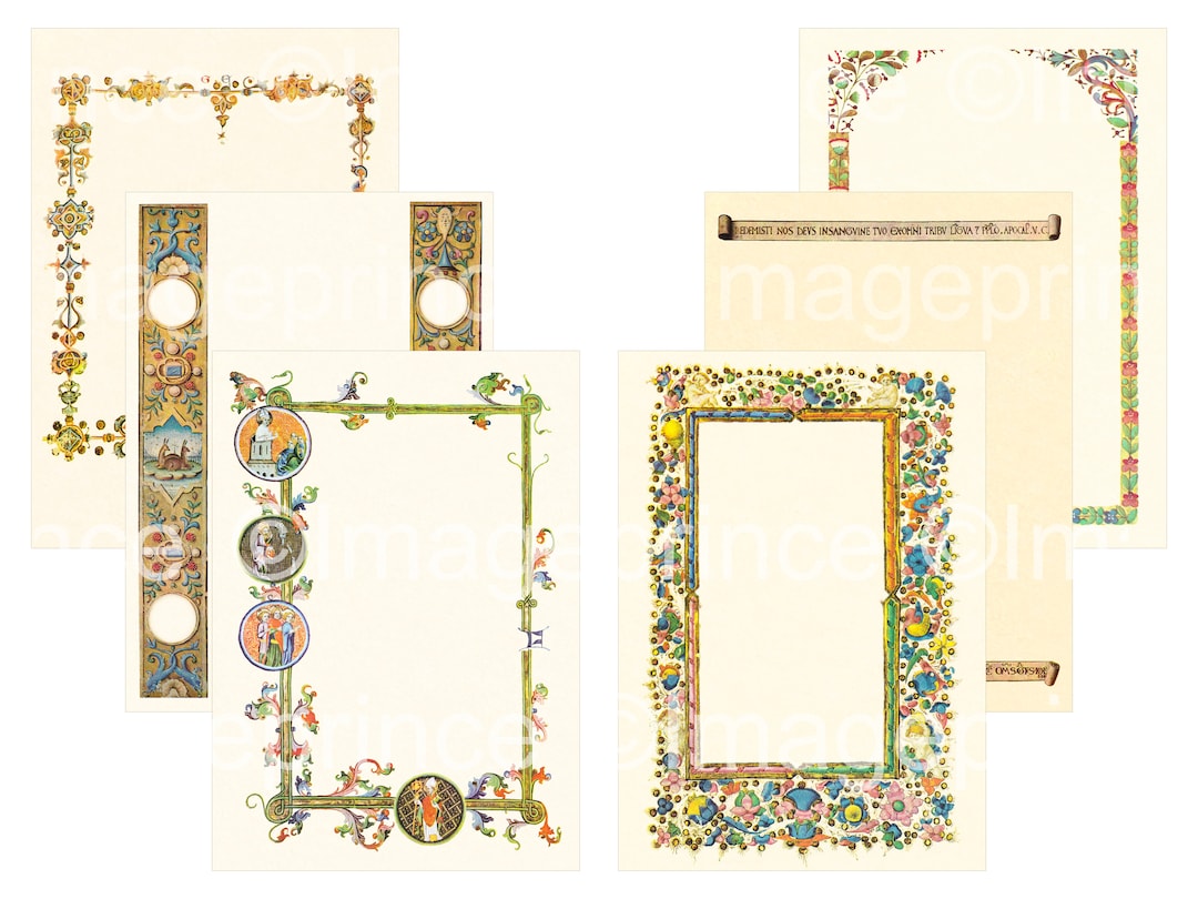 Medieval Journal Pages With Illuminated Frames, Digital Paper, Set of 6 ...