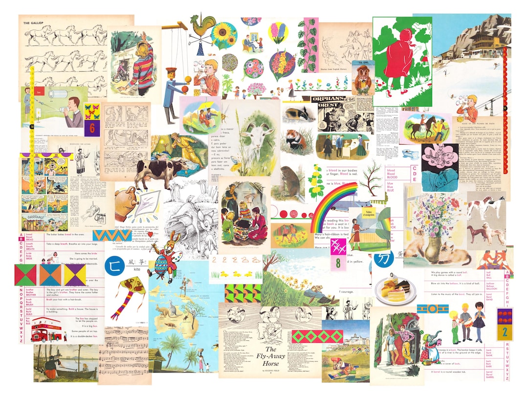 Kids Collage Kit, Vintage Illustrations, Old Book Pages Animals ...