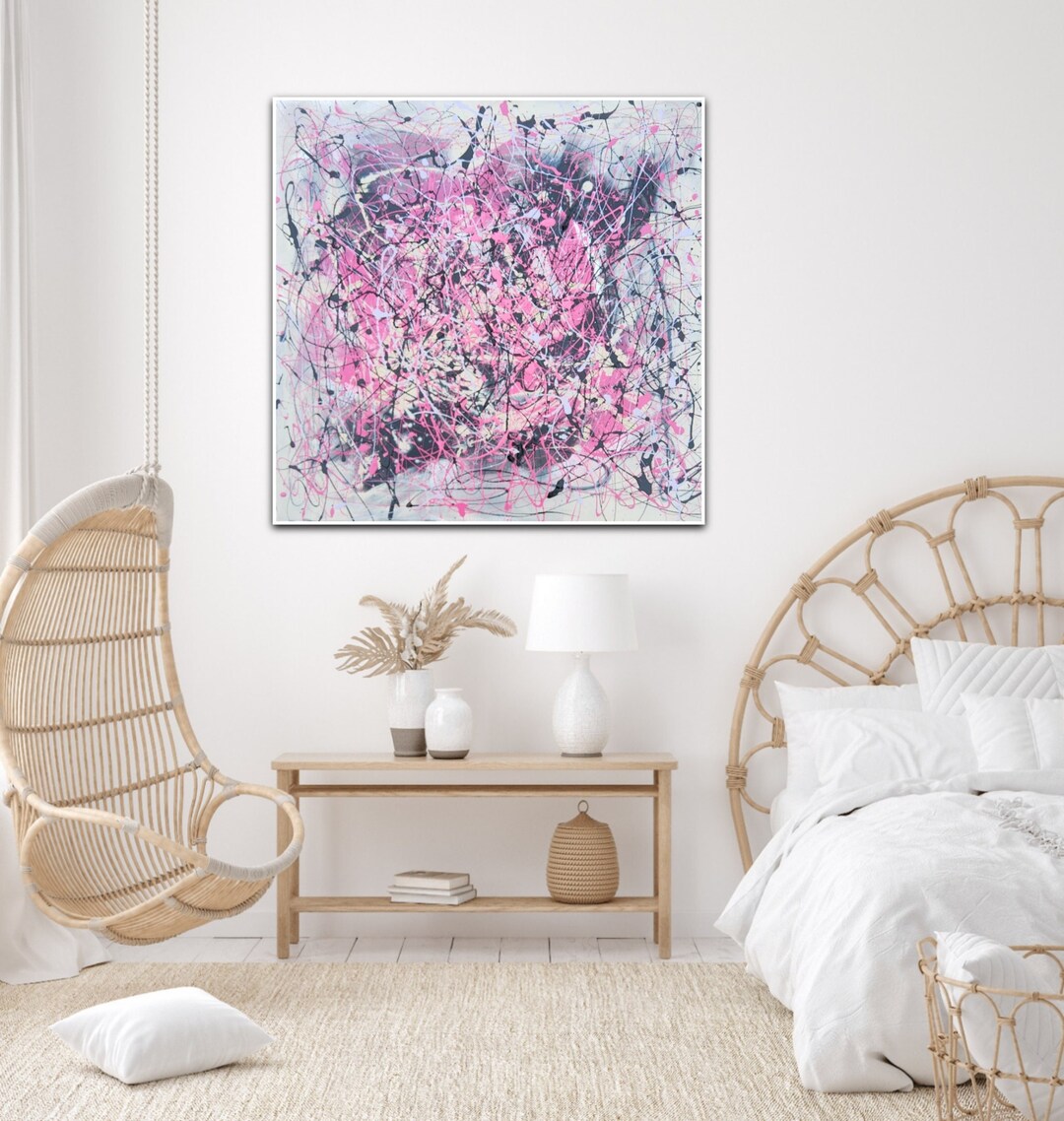 White Pink Abstract Painting, Pollock Abstract Art Painting, White ...