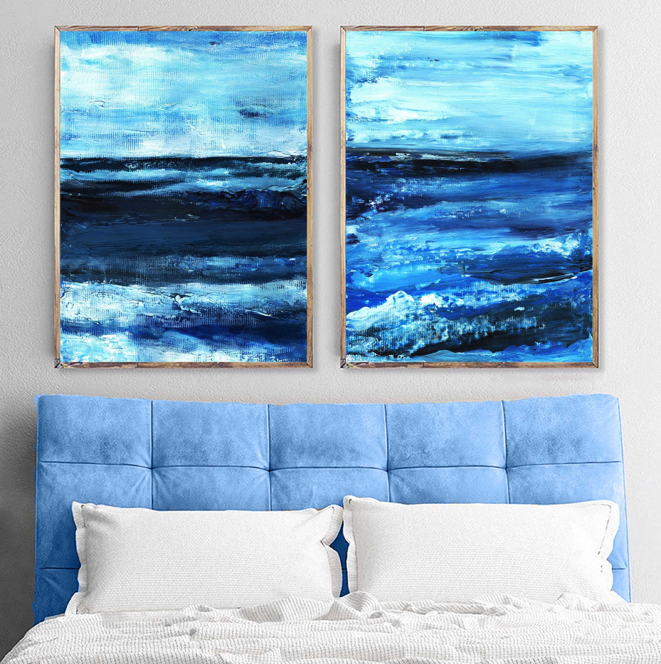 Blue Sea Print, Set Print of 2, Dark Blue Wall Decor, Large Canvas ...