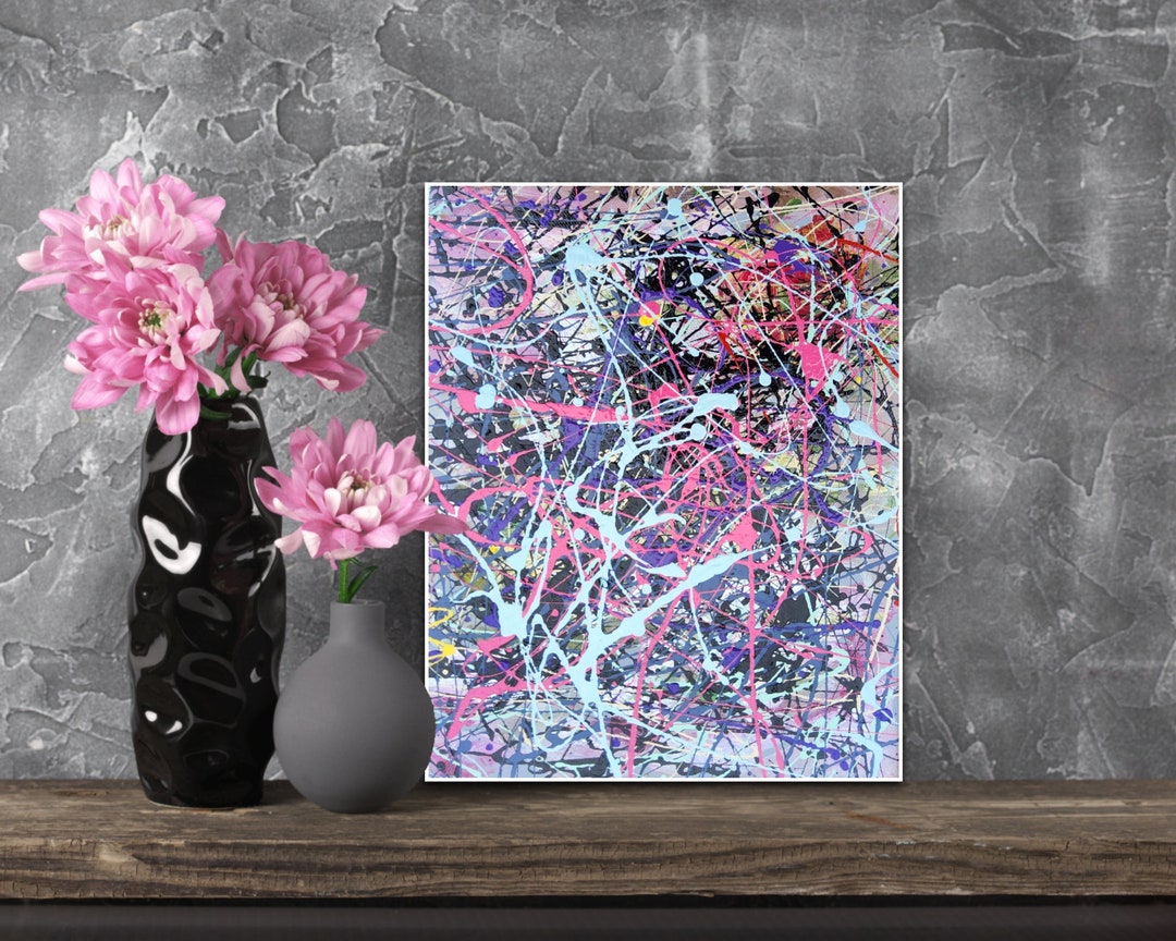 Blue Black Abstract Painting, Pollock Art Painting, Blue Pink Modern ...